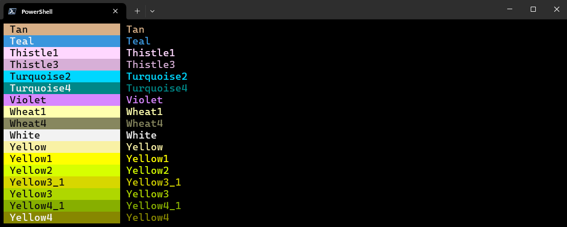 Get-SpectreDemoColors | PwshSpectreConsole Get-SpectreDemoColors | PwshSpectreConsole